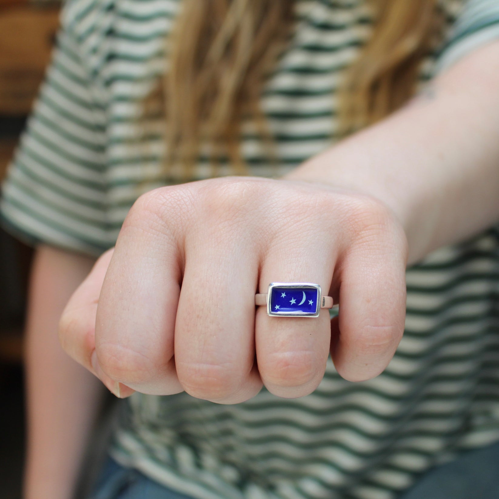 Night Sky Ring - Cobalt Blue with Stars and Crescent Moon Stacker Ring ...