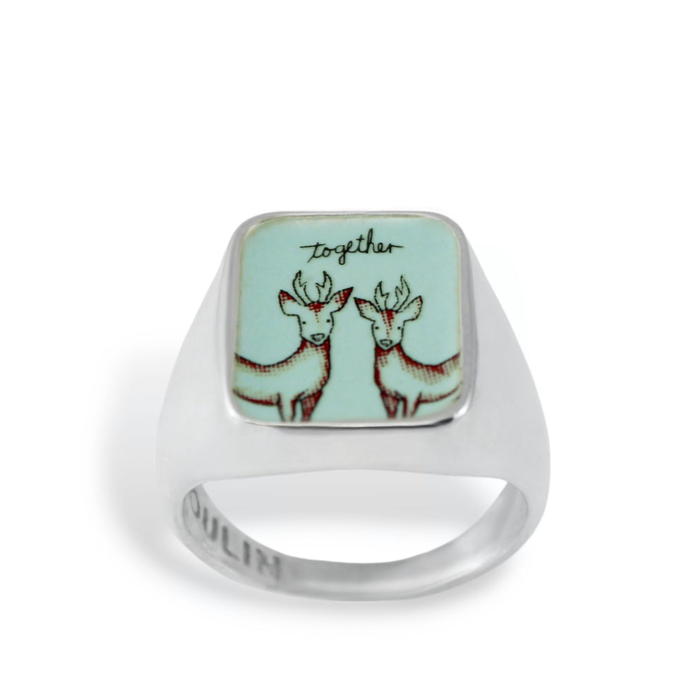 Mens Signet Ring with Two Stags -Bromance Ring -Vitreous Enamel and St ...