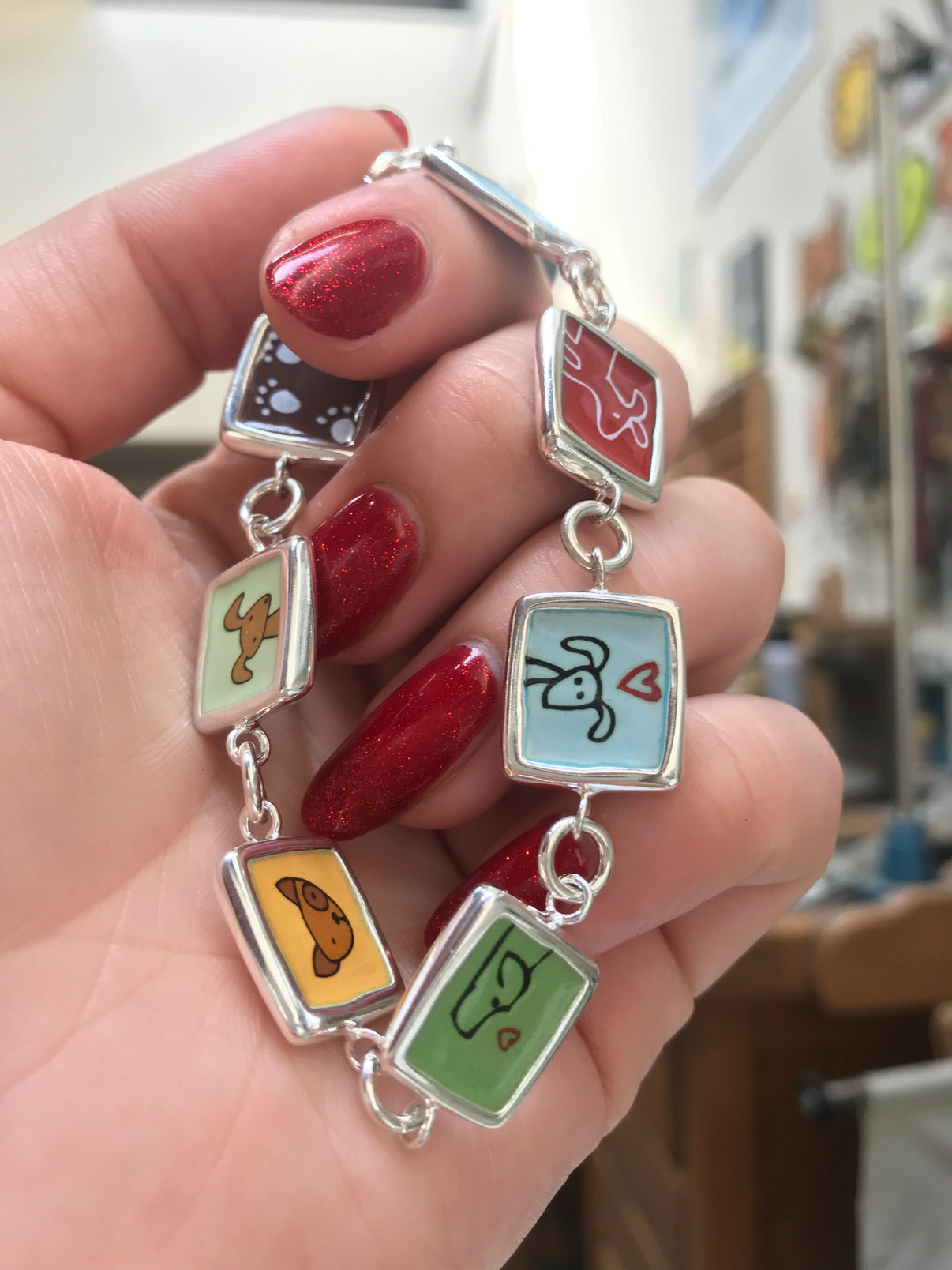 Reversible Sterling Silver and Enamel Dogs vs Dogs Bracelet - 14 Hand ...