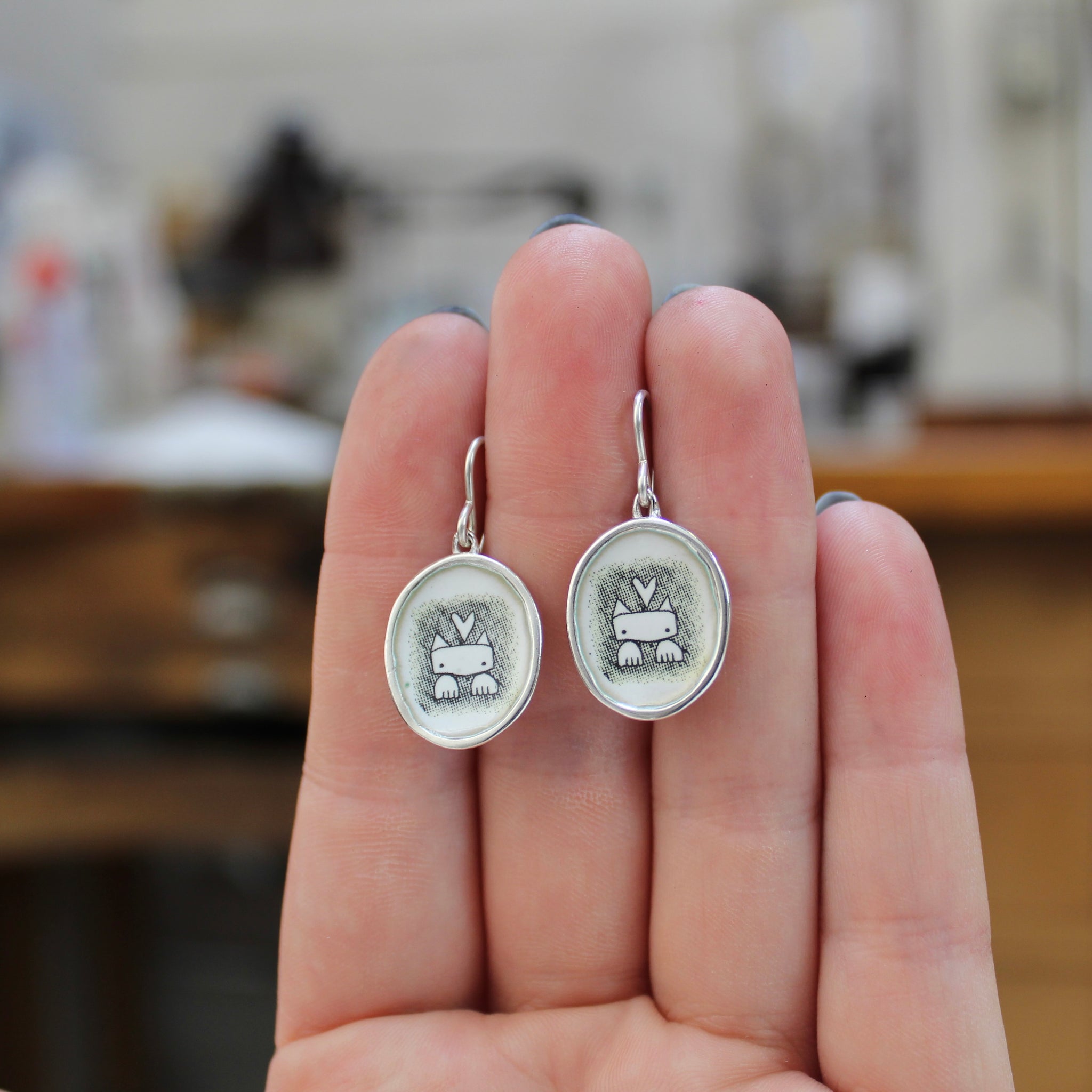 White cat earrings store