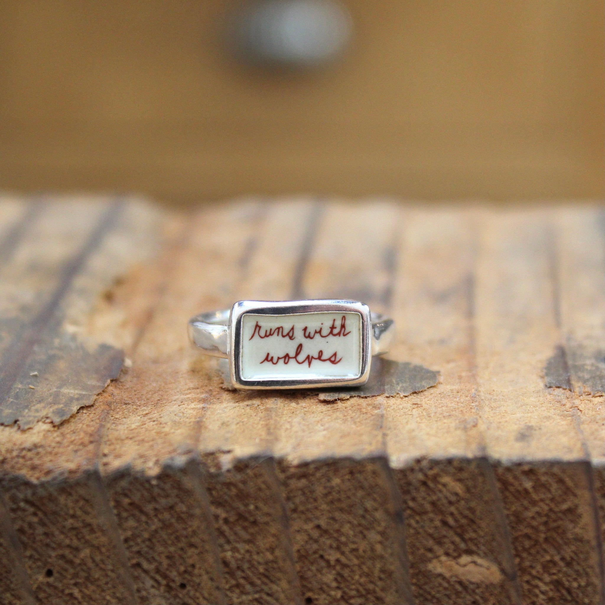 Sterling Silver and Enamel Runs With Wolves Ring - Script Hand Writing ...