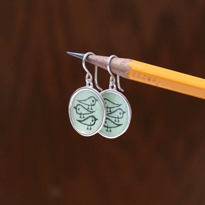 Three Birds Earring - Adorable Bird Enamel Drawing on Sterling Silver ...