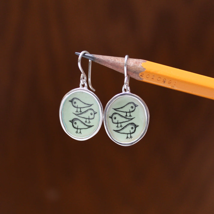 Three Birds Earring - Adorable Bird Enamel Drawing on Sterling Silver ...