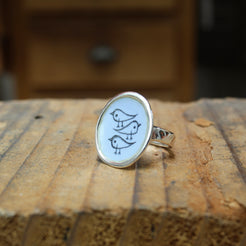 Three Birds Ring - Sterling and Enamel Statement Ring - Mid-Century Mo ...