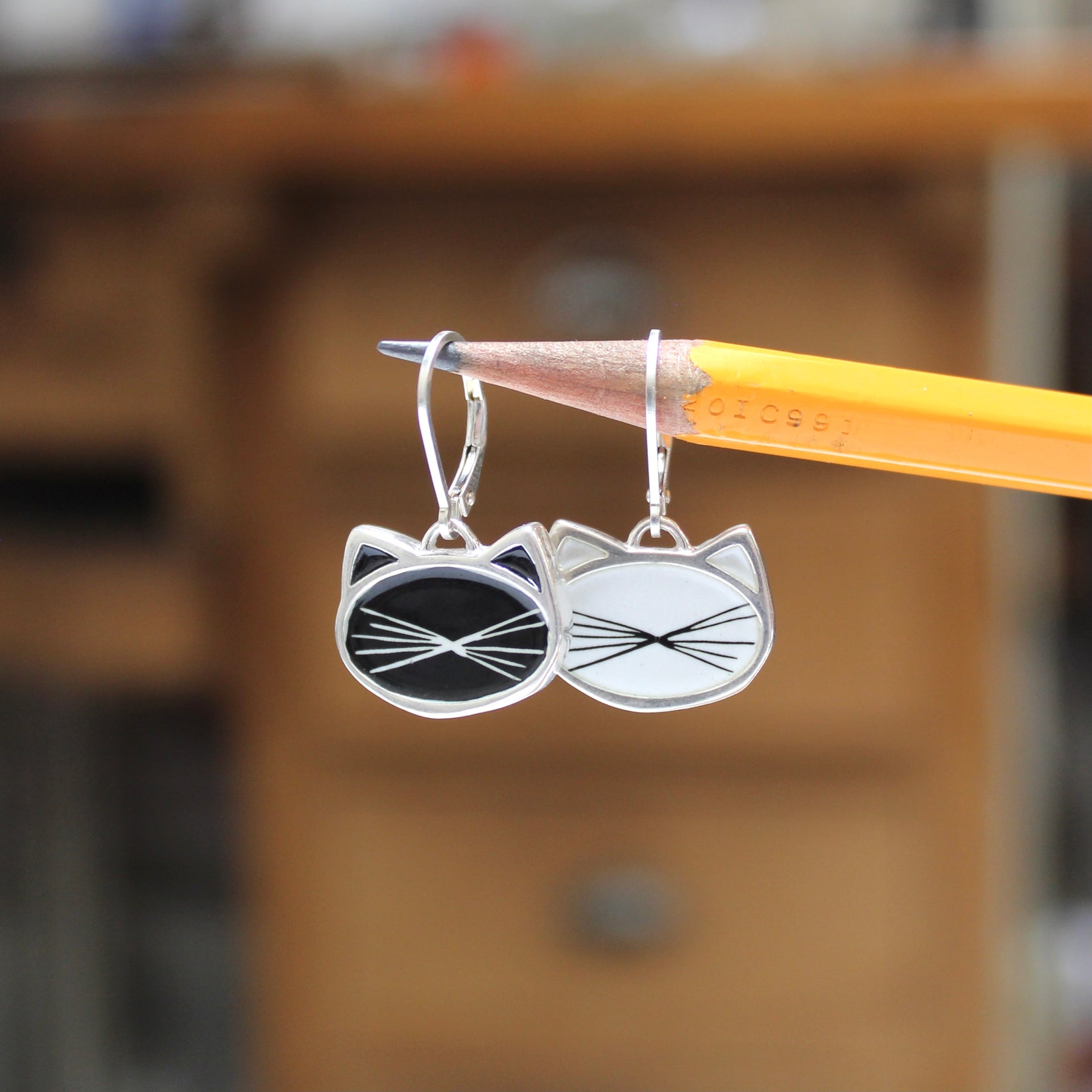Black Cat Dangle Earrings White Cat Lever Back - Reversible Cat Jewelr ...