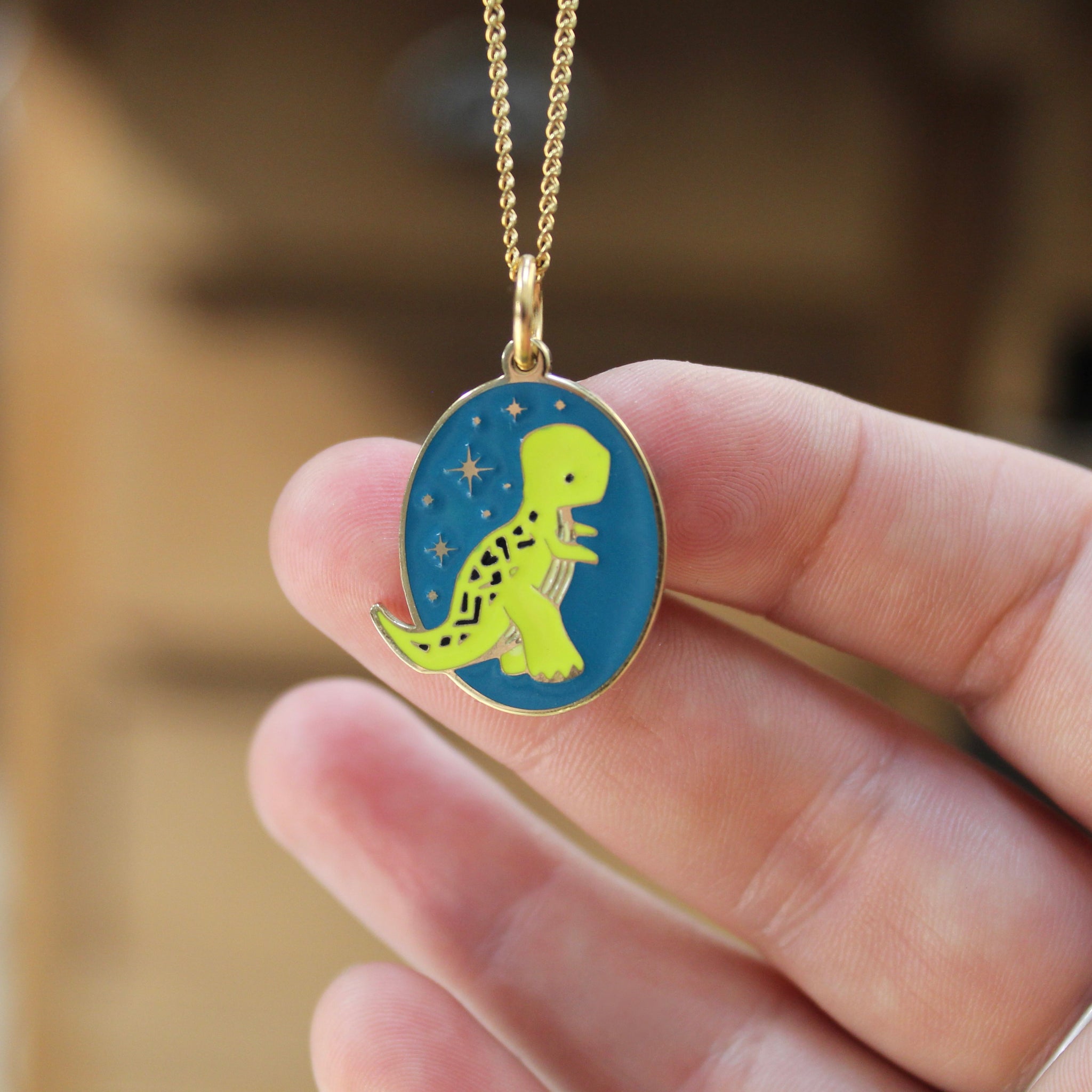 Tyrannosaurus Dinosaur Charm Necklace Gold Finished Dinosaur Jewelry On Adjustable Chain