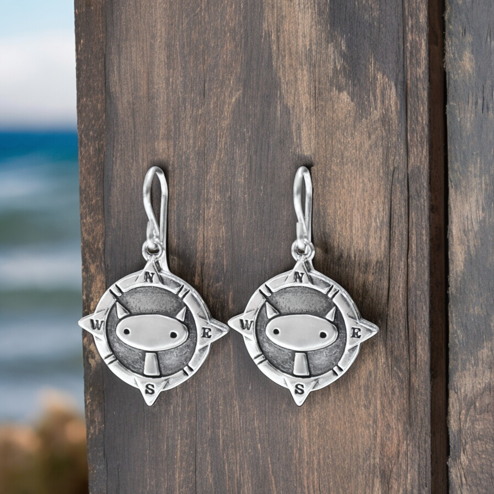Sterling Silver Compass Cat Earring - Cat Jewelry Gift - Reversible Ch ...