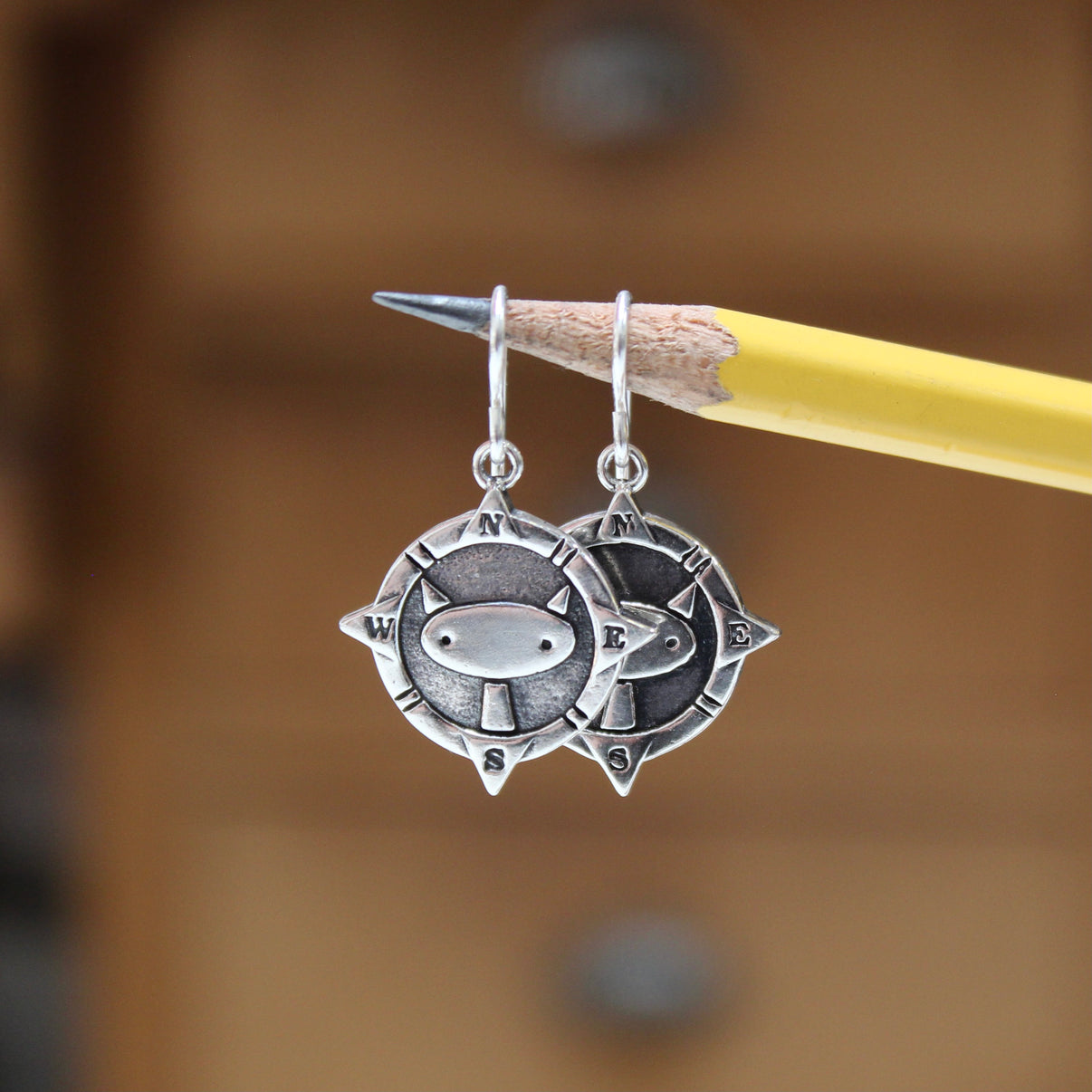 Sterling Silver Compass Cat Earring - Cat Jewelry Gift - Reversible Ch ...