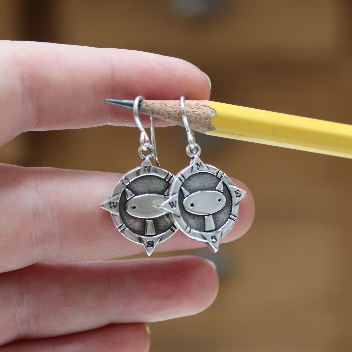 Sterling Silver Compass Cat Earring - Cat Jewelry Gift - Reversible Ch ...