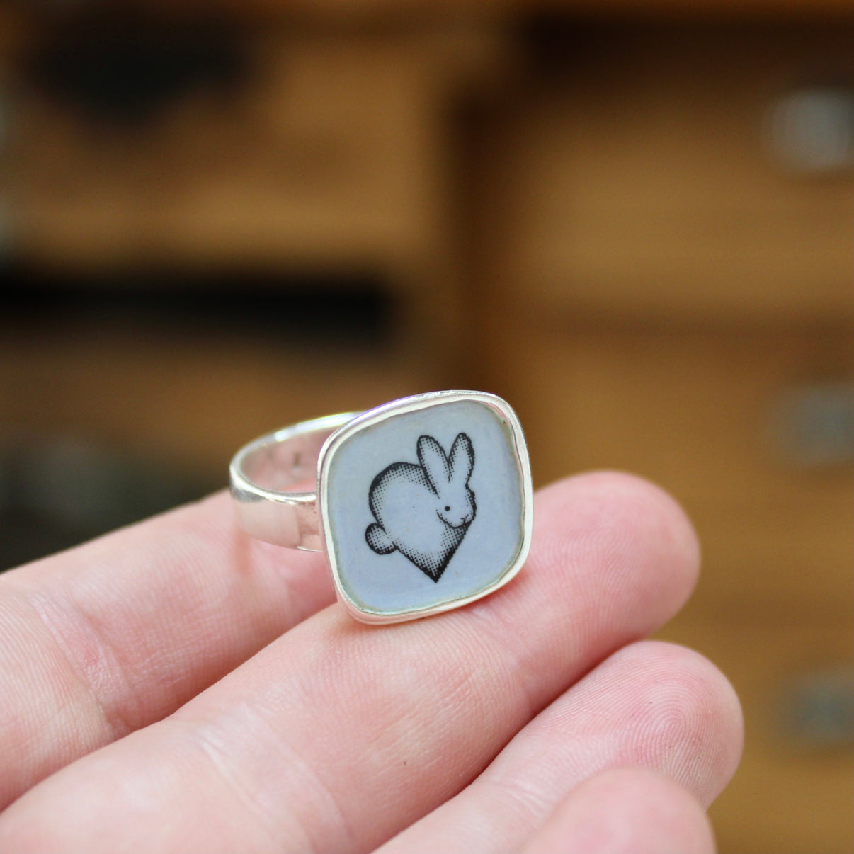 Sterling Silver Rabbit Ring with Kiln Fired Vitreous Enamel - Bunny Je ...