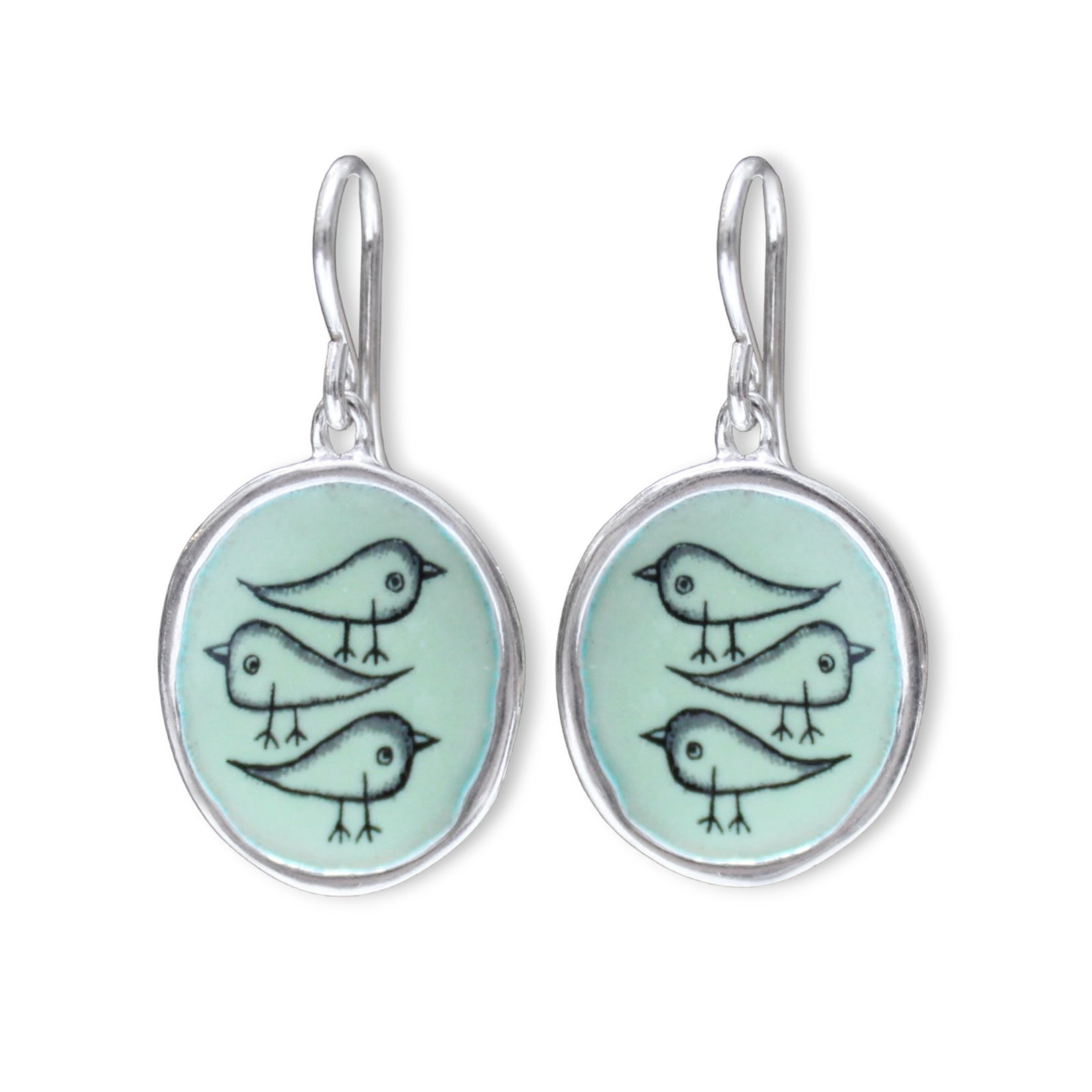 Three Birds Earring - Adorable Bird Enamel Drawing on Sterling Silver ...