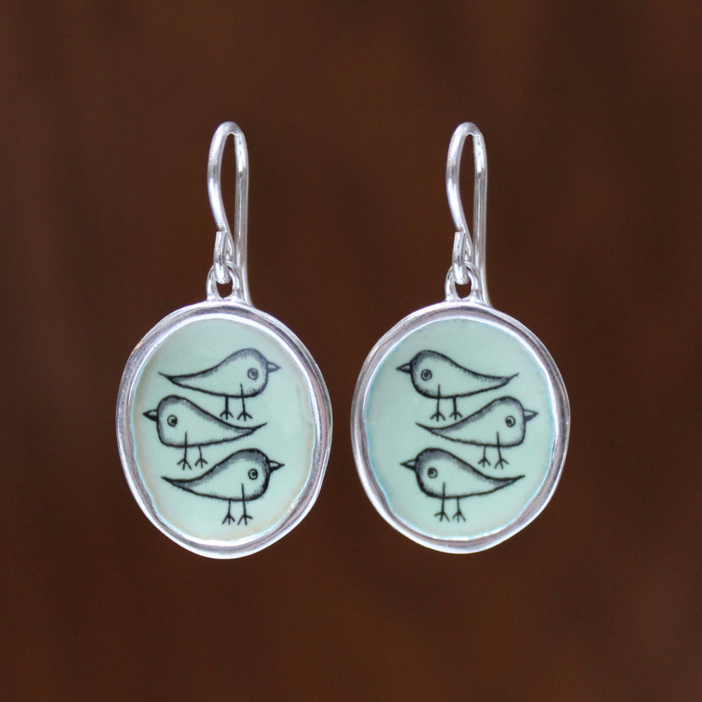 Three Birds Earring - Adorable Bird Enamel Drawing on Sterling Silver ...