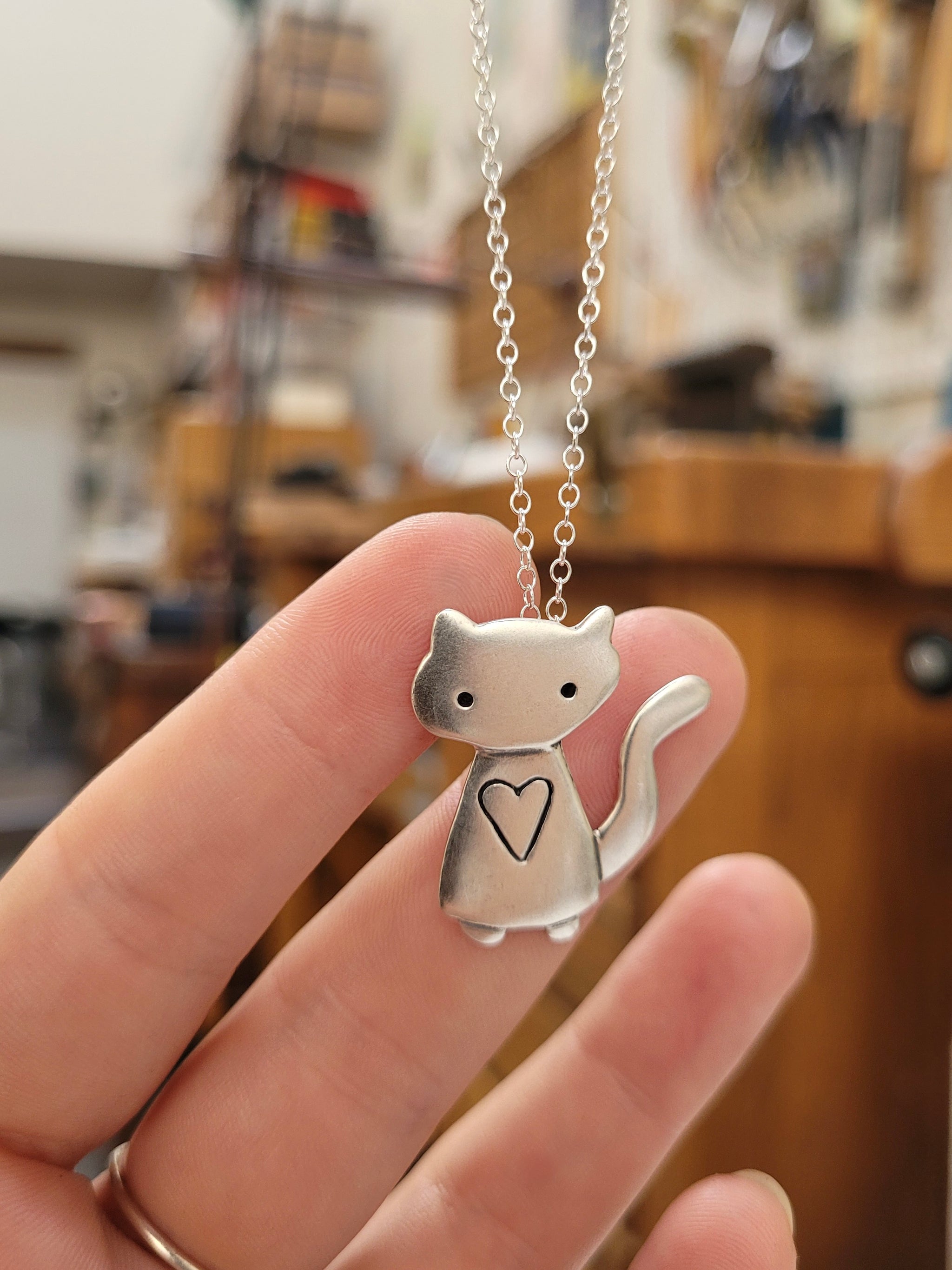 Sterling Silver Space Cat Charm Necklace 16 to 20 inch Adjustable Sterling Chain