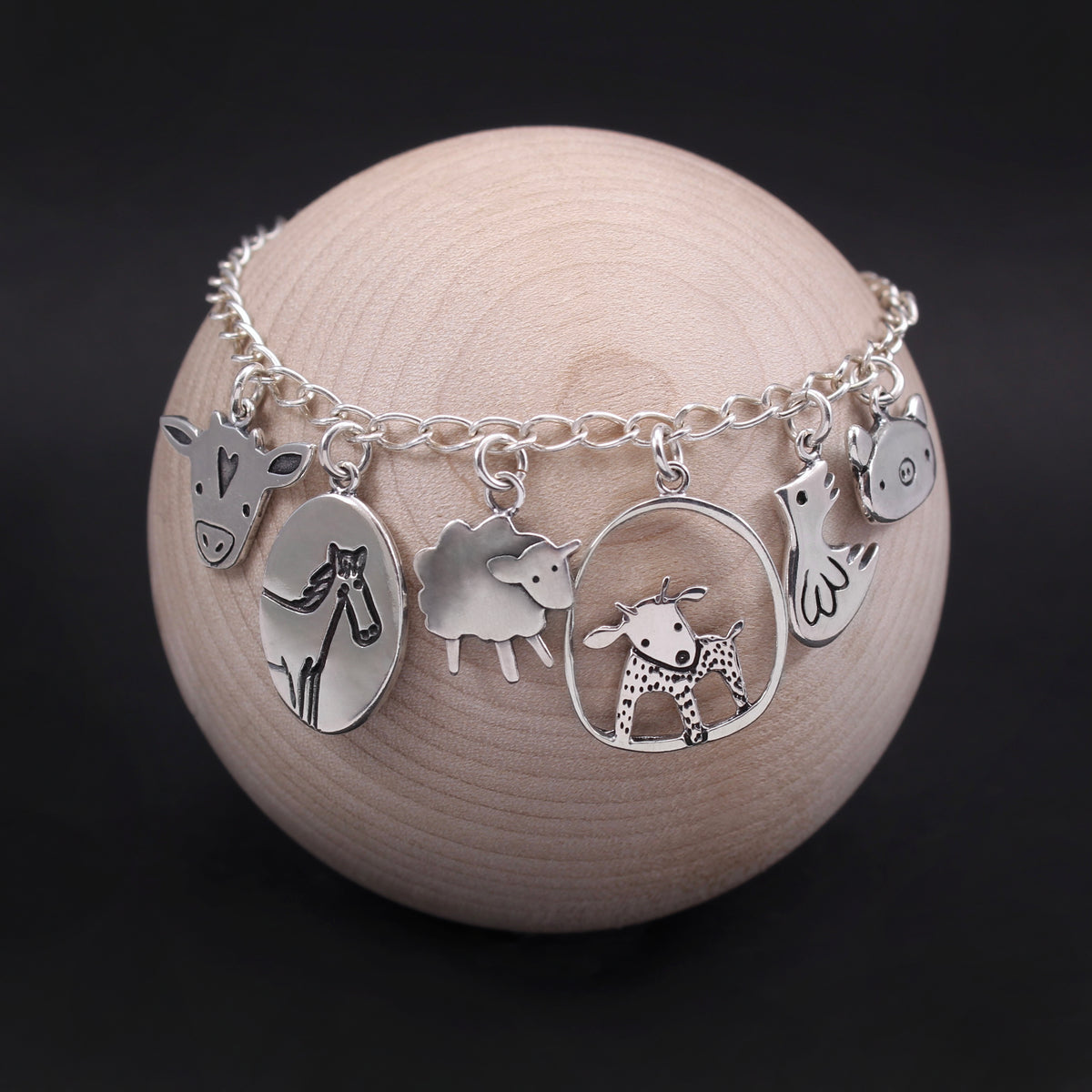 Farm Animal Charm Bracelet - Sterling Silver Bracelet with Cow, Horse ...